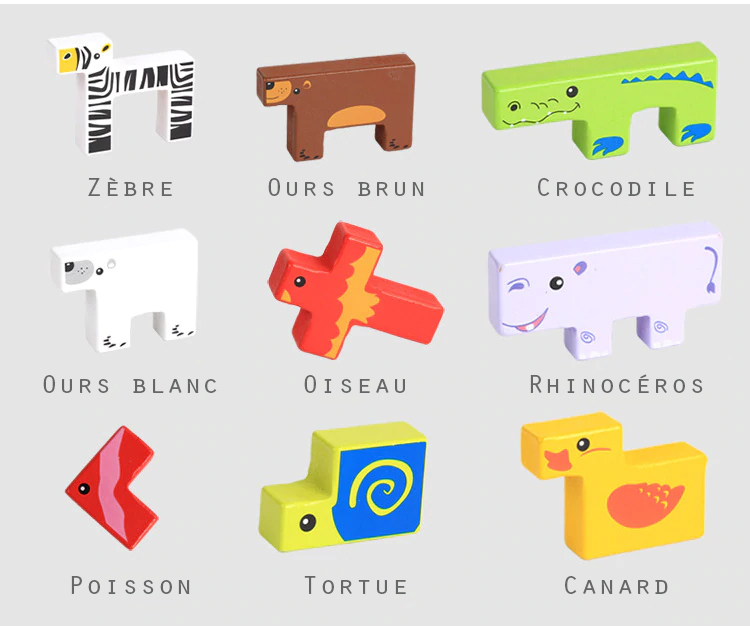 Blocs d'empilage en bois, 13 animaux - Jeu éducatif pour enfant